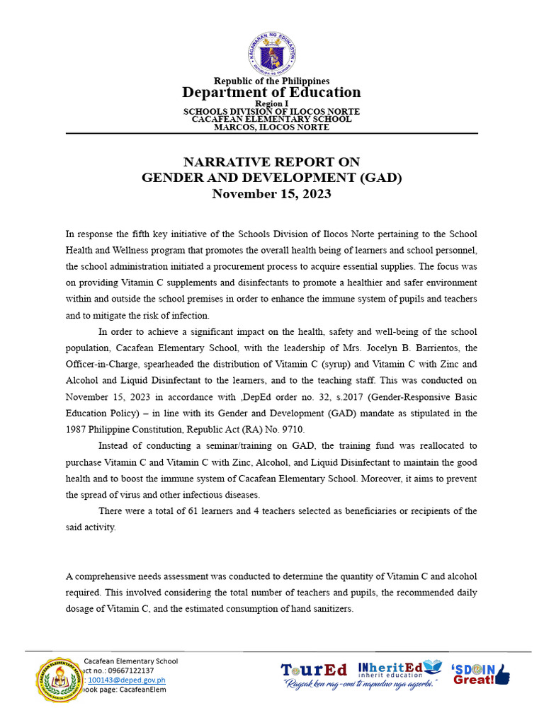 Narrative Report GAD Ocotber SY2023 2024 | PDF | Vitamin | Vitamin C