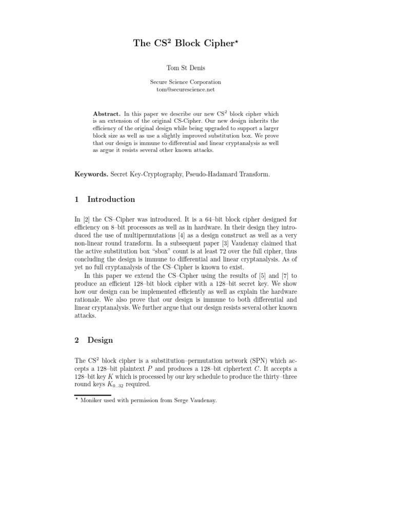 The CS Block Cipher | PDF | Cryptanalysis | Security Technology