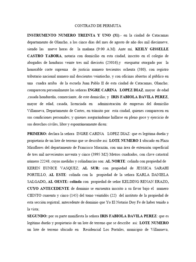 Contrato de Permuta en Honduras | PDF | Derecho