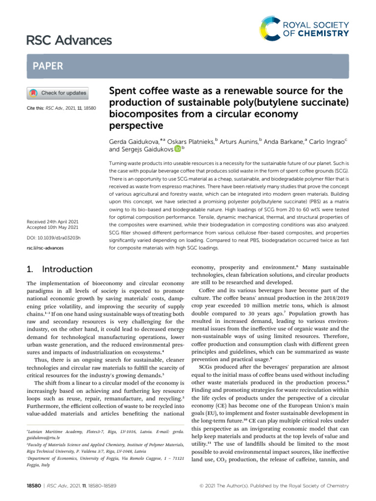 Spent Coffee Waste As A Renewable Source For The P Pdf Composite