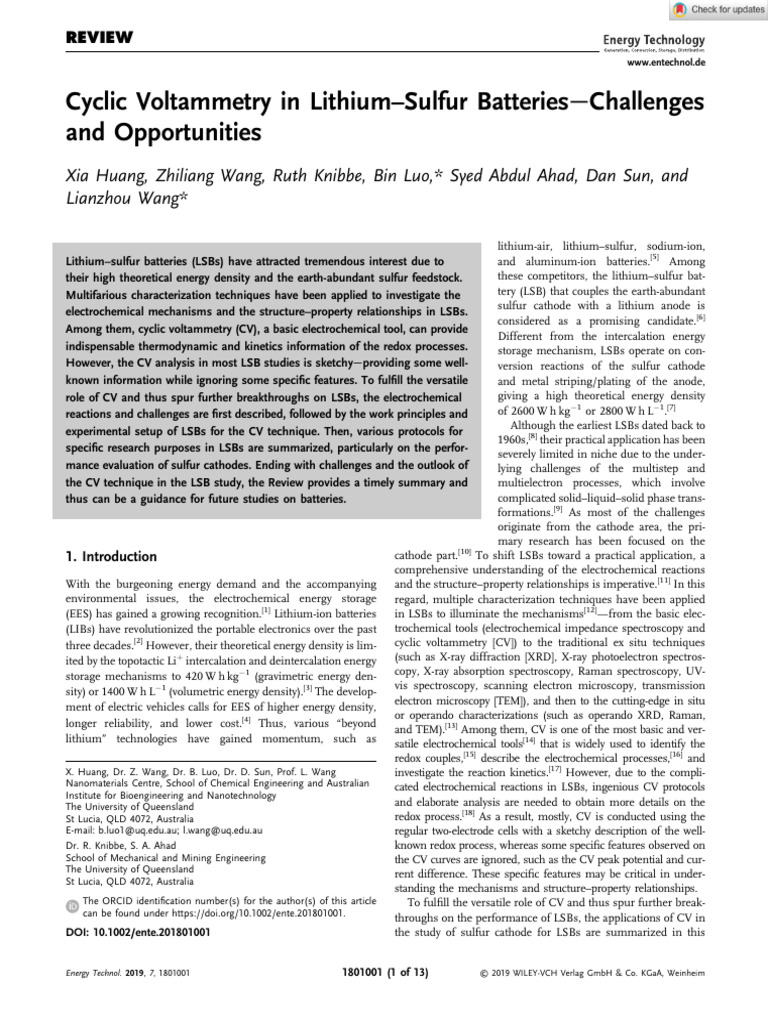 Energy Tech - 2019 - Huang - Cyclic Voltammetry in Lithium Sulfur Batteries Challenges and ...