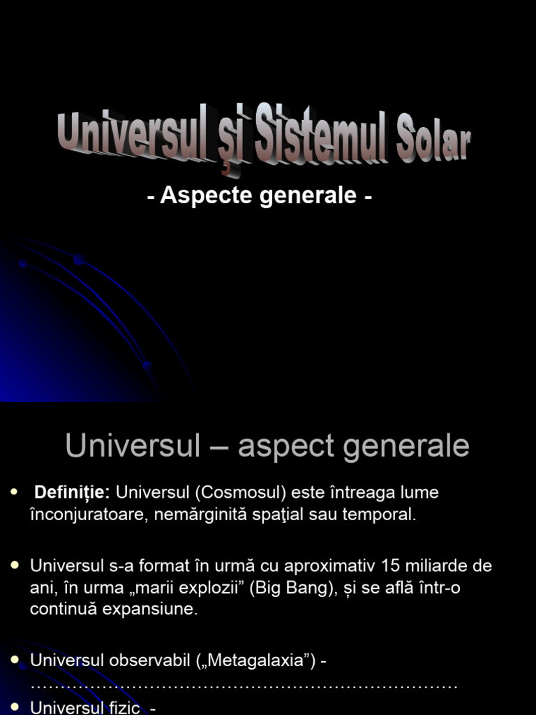 Lectia 1 Universul - Si - Sistemul - Solar, Cls IX | PDF