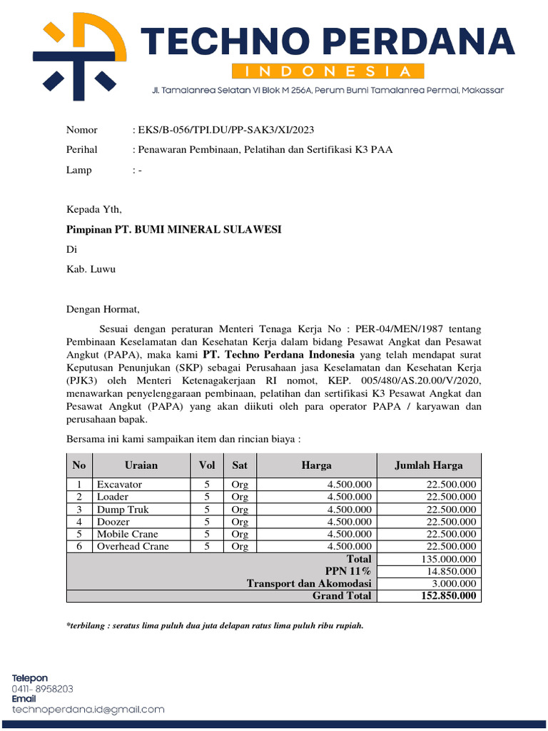 Surat Penawaran Harga Kerja Pembinaan K3 Operator Alat Berat | PDF