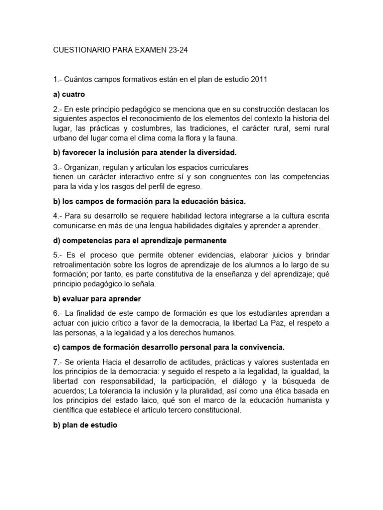 Cuestionario para Examen 21 de Mayo | PDF | Aprendizaje | Educación ...