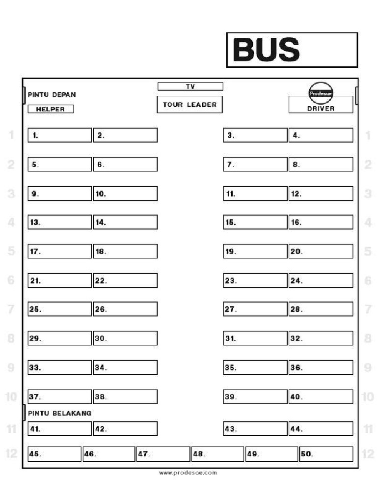 Denah Kursi Bus Pariwisata Seat 2-2 50 Kursi Model 1 | PDF