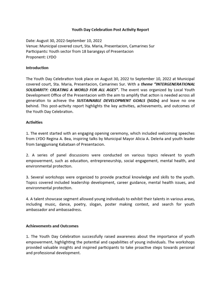 Youth Day Celebration Post Activity Report | PDF | Empowerment