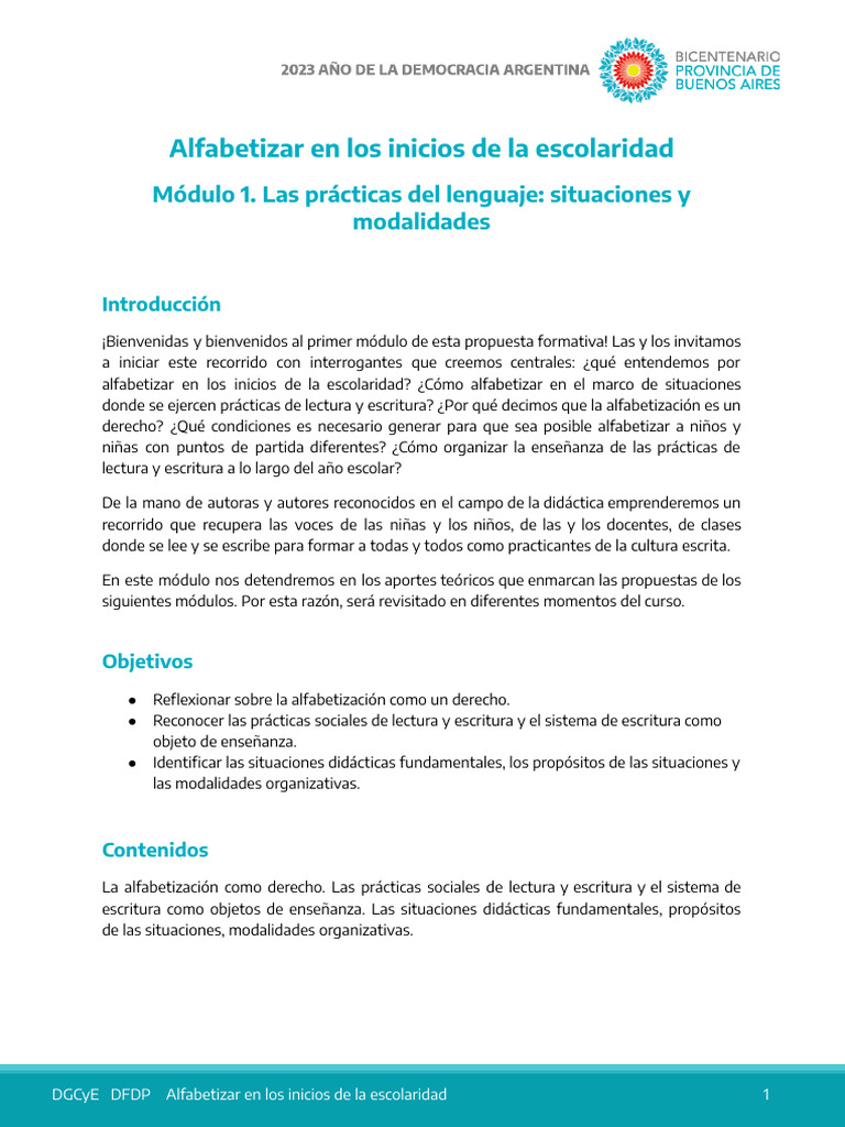 Alfabetizar en Los Inicios de La Escolaridad: Módulo 1. Las Prácticas Del Lenguaje: Situaciones ...