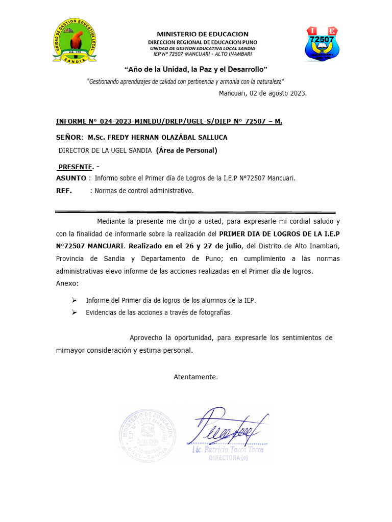 Primer Dia de Logro de La I.E.P N°72507 Mancuari | PDF | Enseñando ...