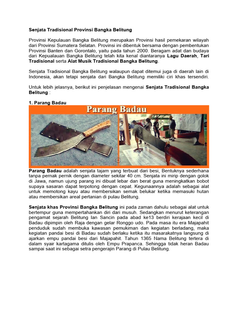 Senjata Tradisional Provinsi Bangka Belitung | PDF