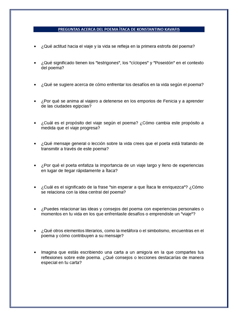 Preguntas Acerca Del Poema Ìtaca de Konstantino Kavafis | PDF