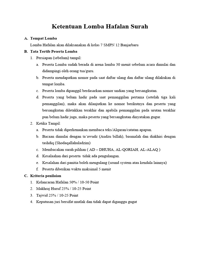 Ketentuan Lomba Hafalan Surah | PDF