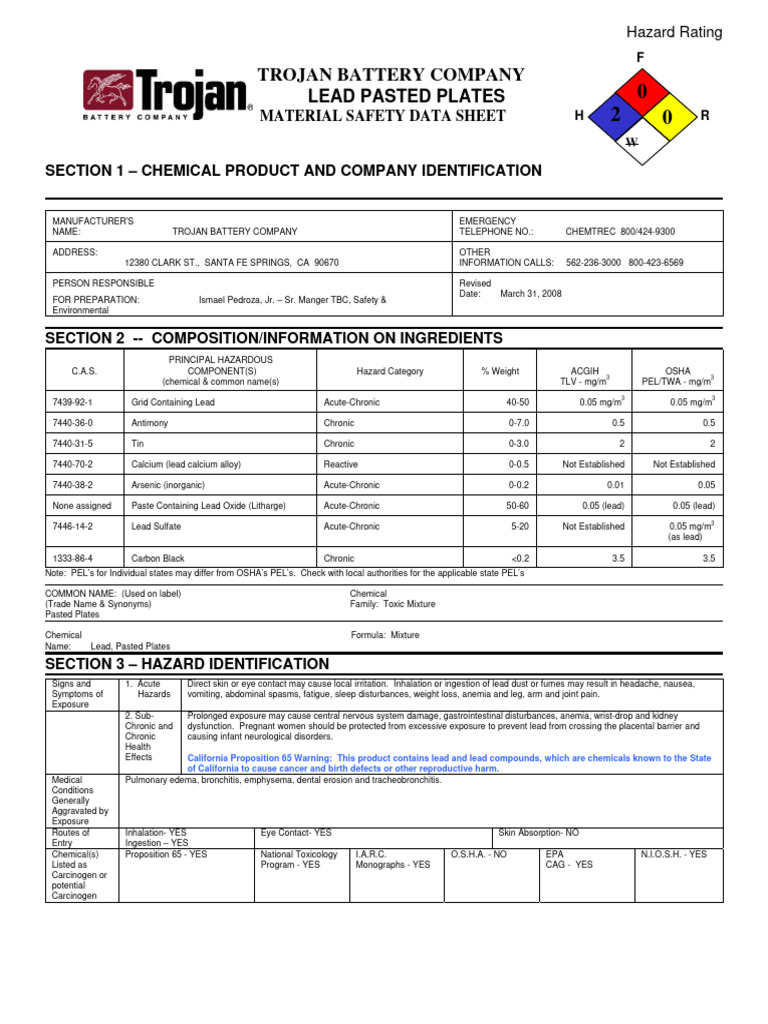 MSDS Lead Plates Trojan UN3077 | PDF | Lead | Magnesium
