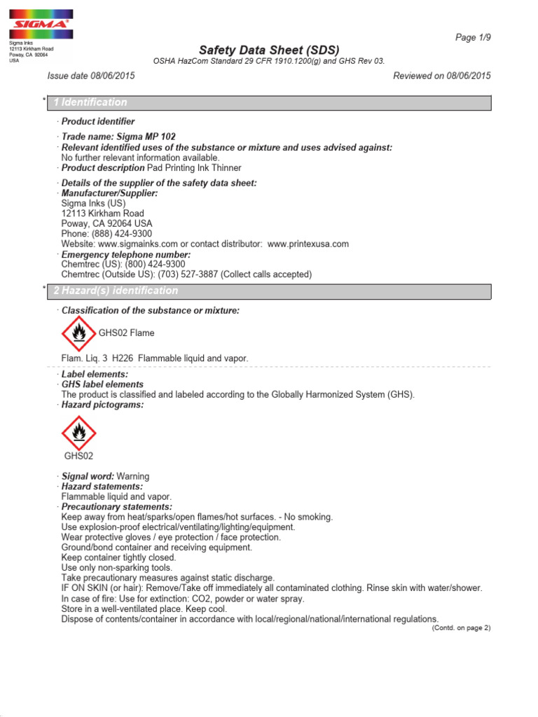 Sigma MP 102 (US) EN Sds | PDF | Regulation | Hazards