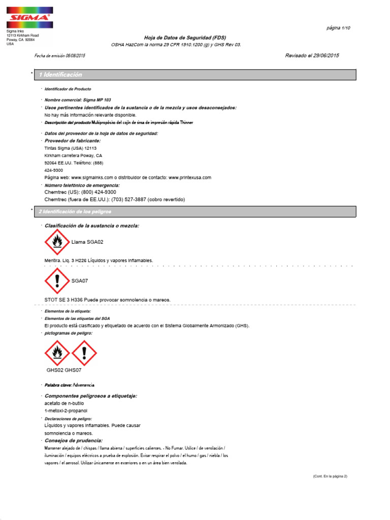 Hoja de Seguridad Sigma MP 103 | PDF | Agua | Solvente