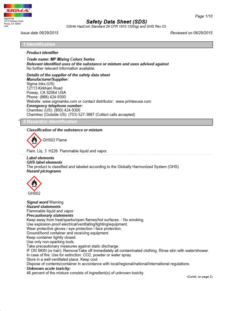 Sigma MP Mixing Colors Series US EN Sds | PDF | Dangerous Goods ...