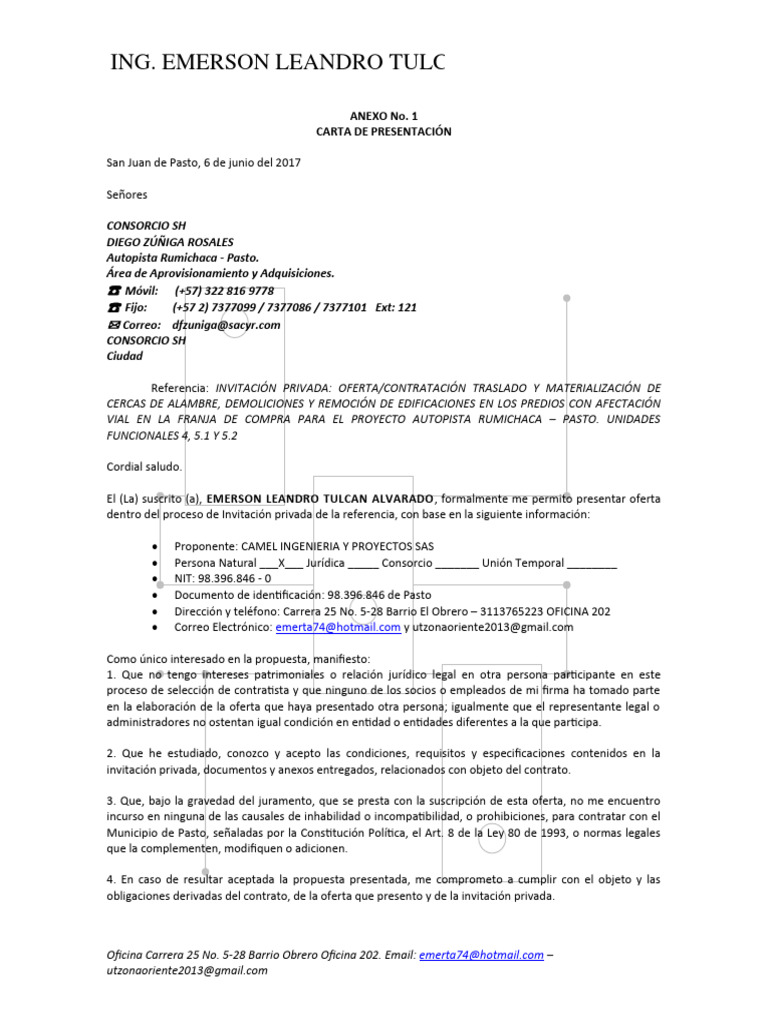 CARTA DE PRESENTACION Propuesta | PDF | Documento | Documentos legales