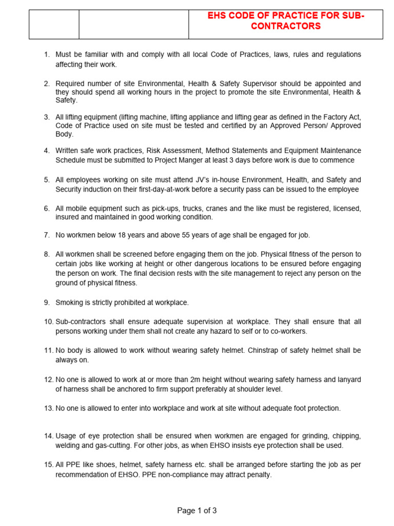 EHS Code For Sub-Contractor | PDF | Safety | Occupational Safety And Health