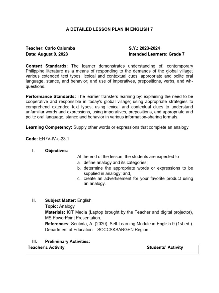 Grade 7 English Lesson Plan: Analogy | PDF | Grammar | Lesson Plan
