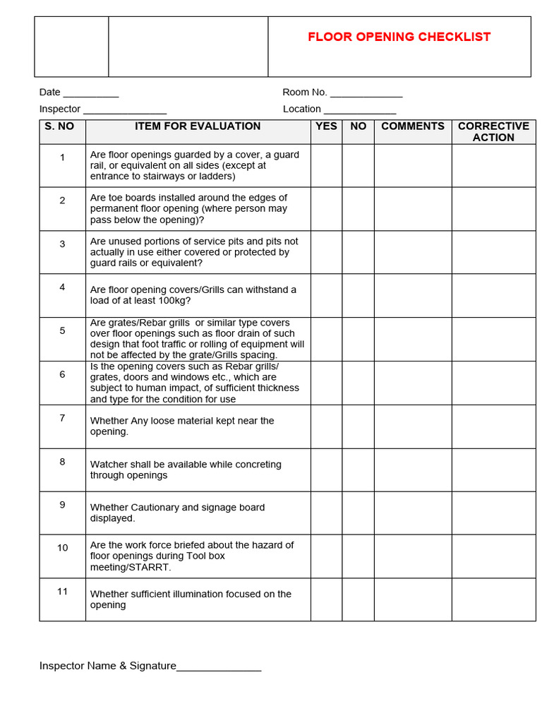 Floor Opening Safety Inspection Checklist | PDF | Civil Engineering ...