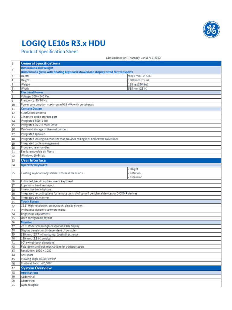 LOGIQ E10s HDU R3 Global Spec Sheet DOC2671559v1 | PDF | Medical Ultrasound