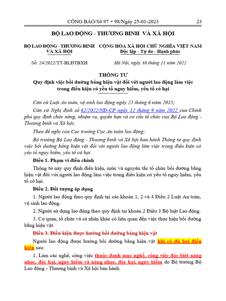 TT24 - 2022 - TT-BLĐTBXH (HL 01.03.2023) - Che Do Boi Duong Bang Hien Vat | PDF