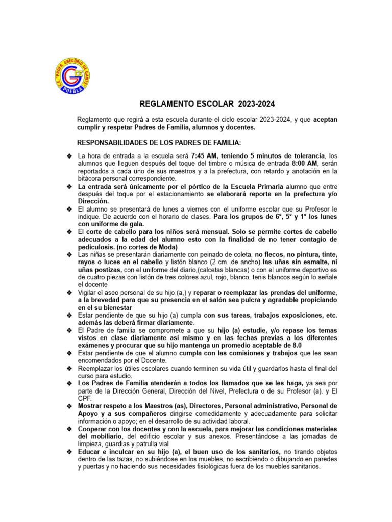 Reglamento Escolar 23-24 | PDF | Educación primaria