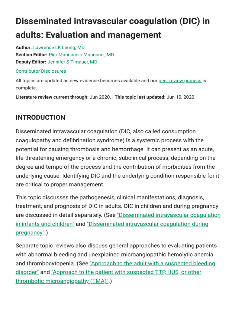 Disseminated Intravascular Coagulation (DIC) in Adults: Evaluation and ...
