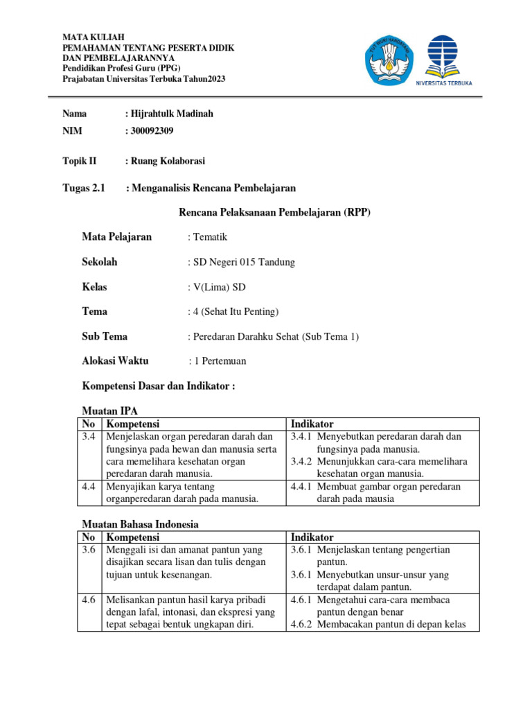 Pemahaman Peserta Didik. Topik 2 Ruang Kolaborasi Analisis RPP | PDF