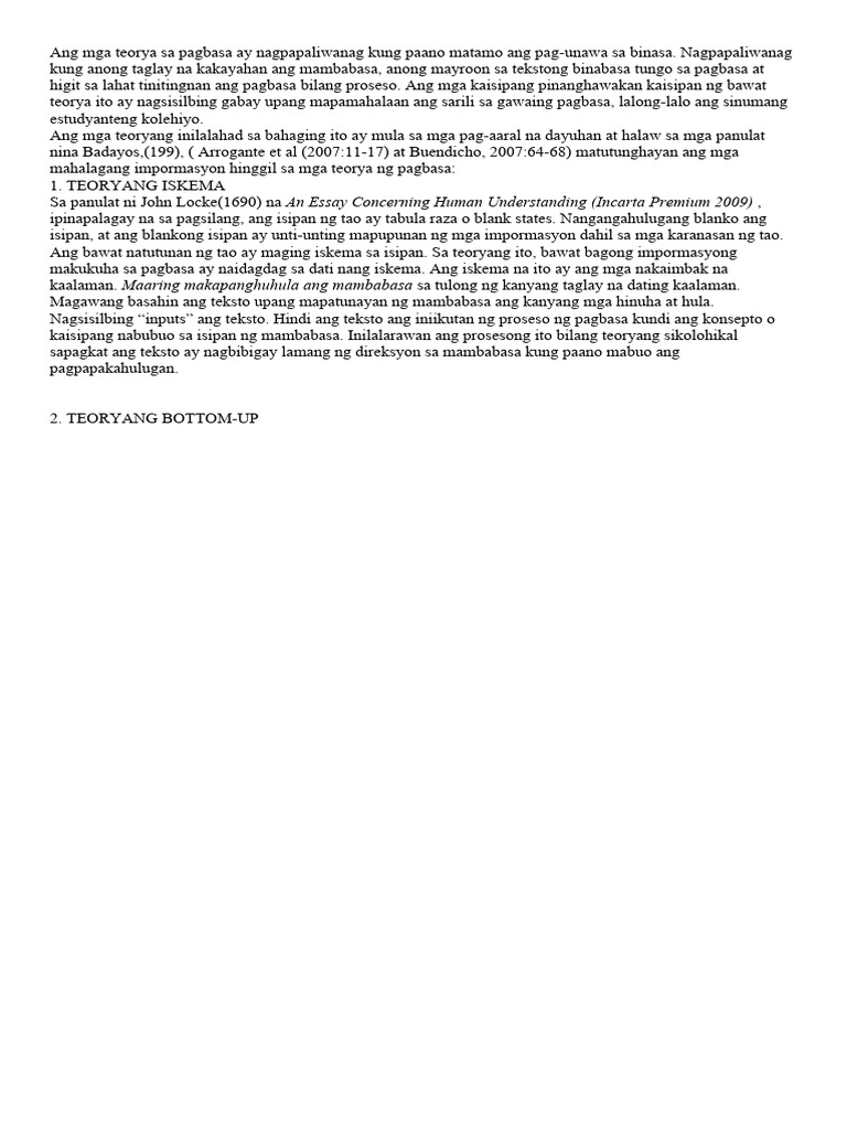 Ang Mga Teorya Sa Pagbasa Ay Nagpapaliwanag Kung Paano Matamo Ang Pag | PDF