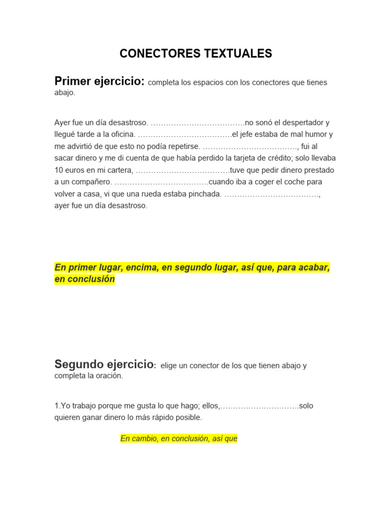 CONECTORES TEXTUALES (Ejercicios) | PDF