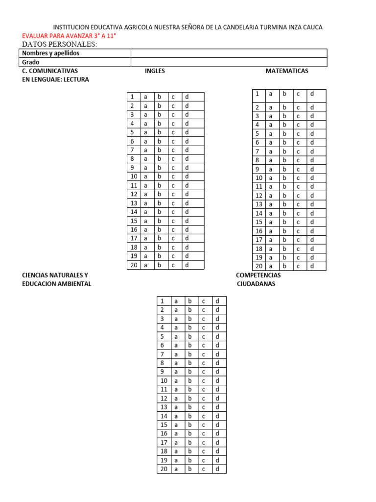 Hoja Respuesta Evaluar para Avanzar | PDF
