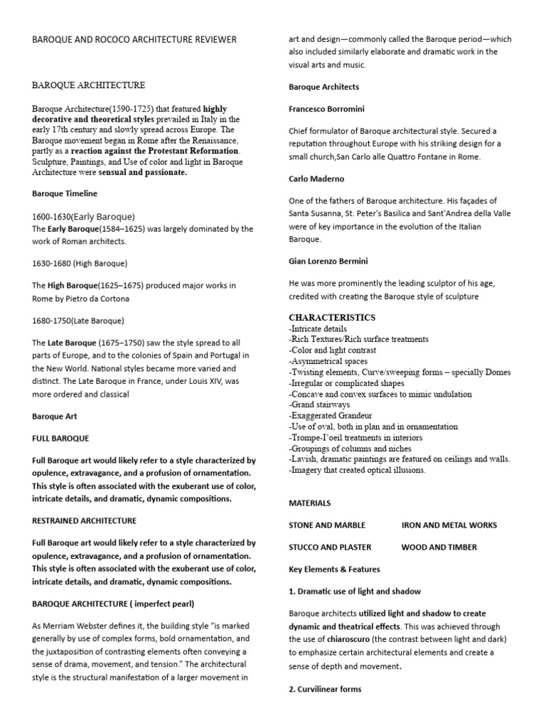 Baroque and Rococo Architecture Reviewer | PDF | Baroque | Architectural Design