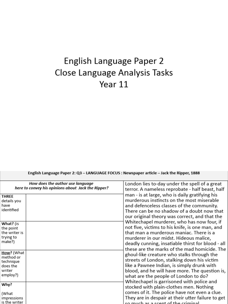 HT6 English Yr11 Paper 2 Close Language Analysis Tasks | PDF ...