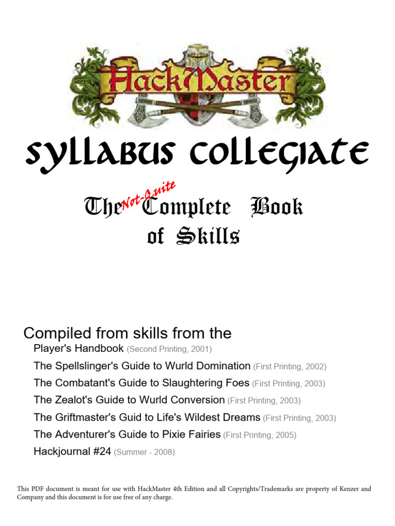 Complete Book of Skills - Syllabus Collegiate - Hackmaster 4e | PDF