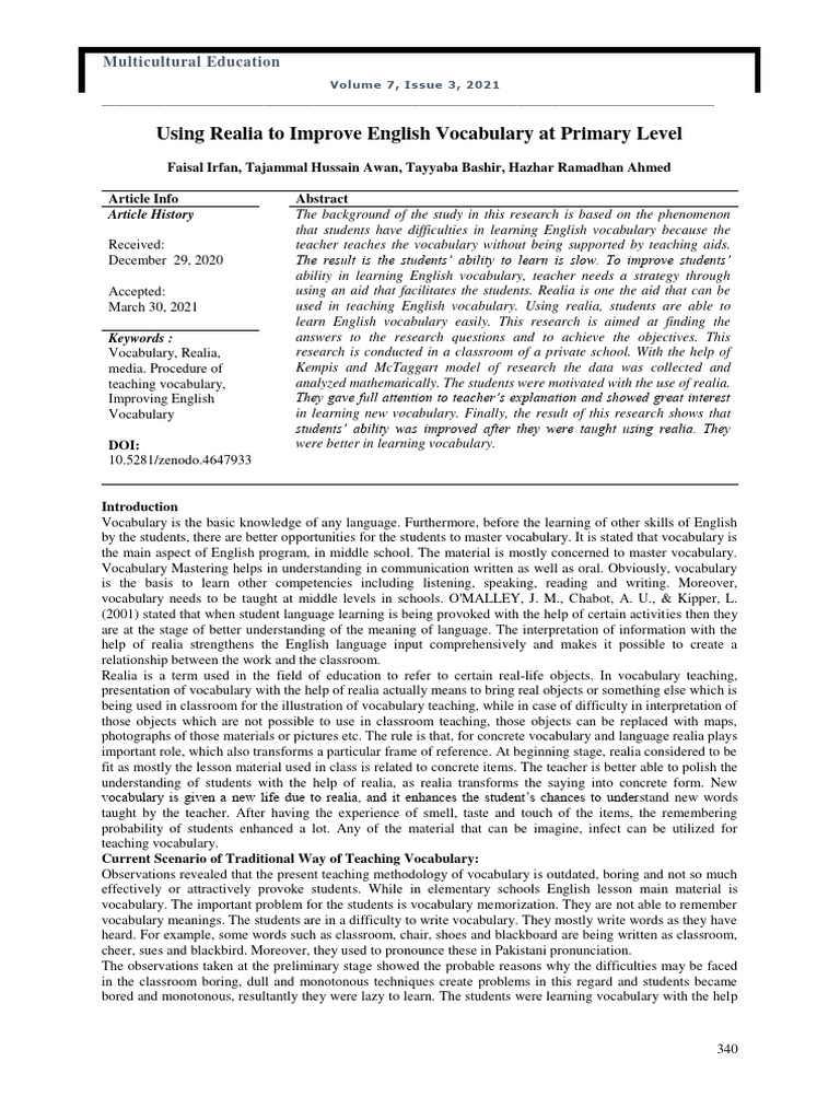 Using Realia To Improve English Vocabulary at Primary Level ...