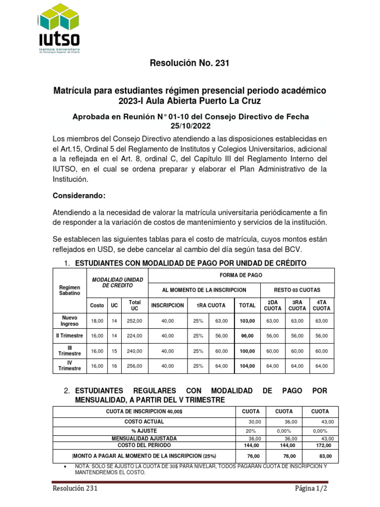 Matrícula Estudiantes 2023-I IUTSO | PDF