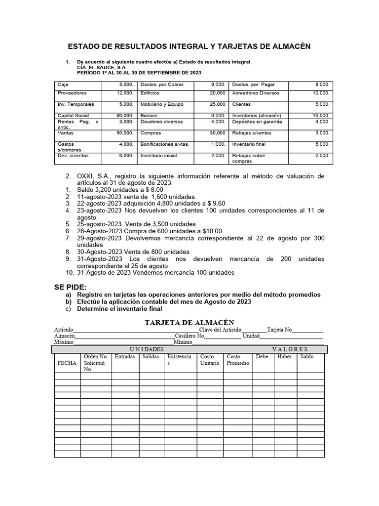 Estado de Resultados Integral y Tarjetas de Almacén (1) | PDF | Dinero | Servicios financieros