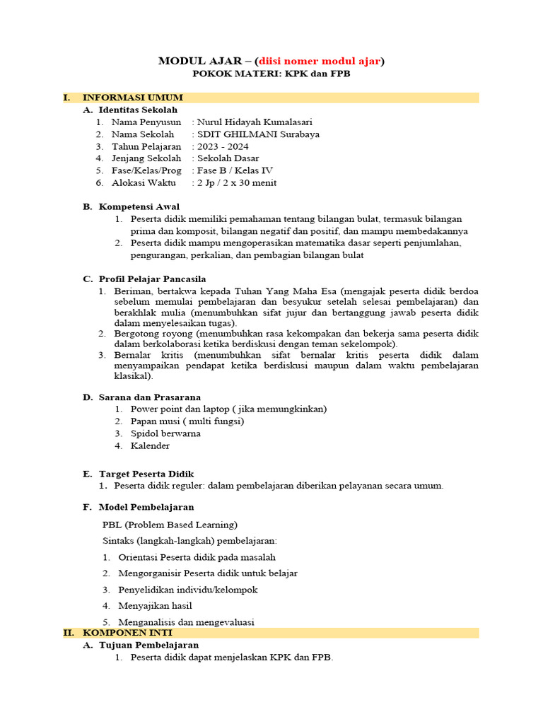 Modul Ajar KPK dan FPB Kelas 5 | PDF