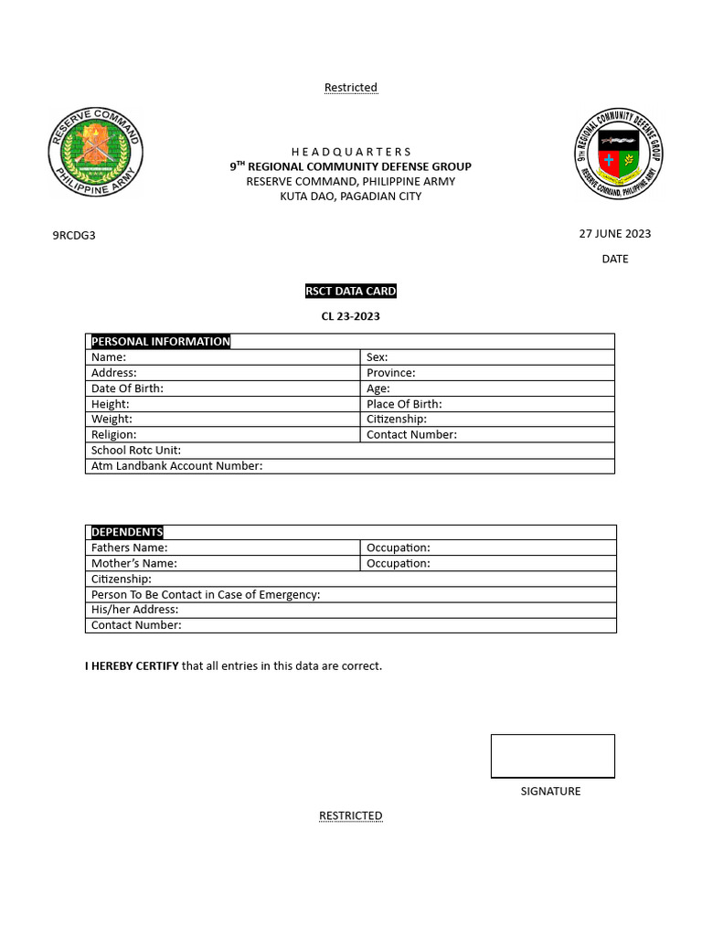 RSCT Data Form | PDF