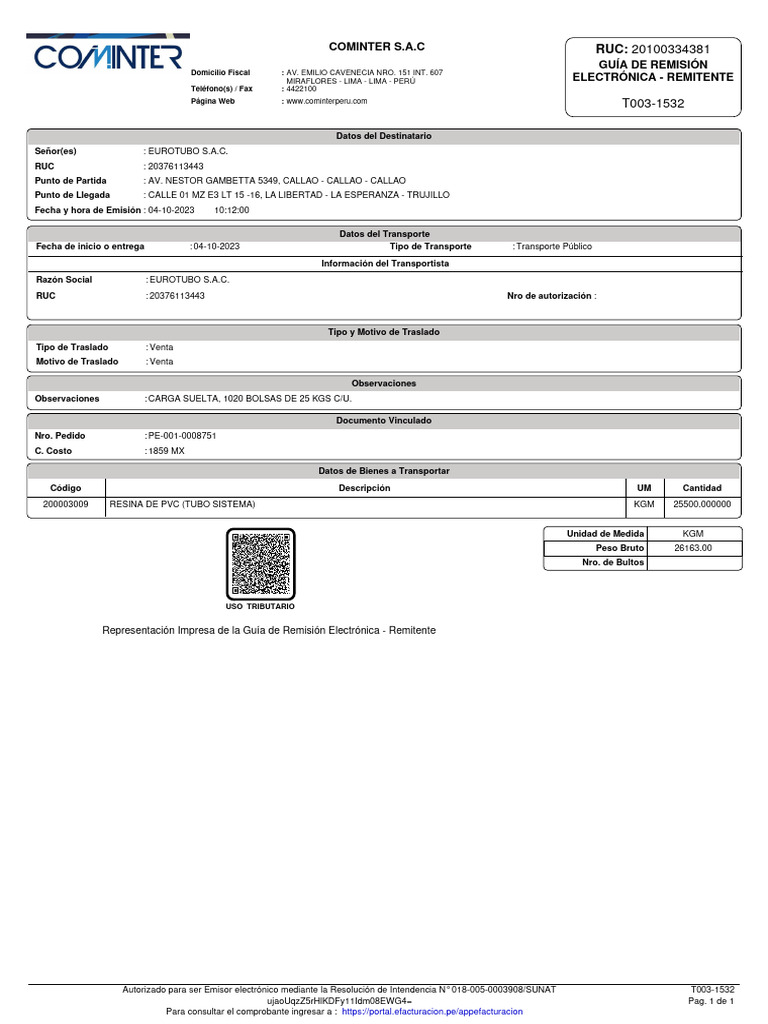 Guía de Remisión Electrónica - Remitente Cominter S.A.C: Domicilio Fiscal: Teléfono(s) / Fax ...