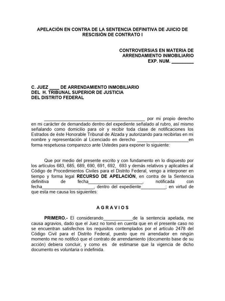Apelación en Contra de La Sentencia Definitiva de Juicio de Rescisión de Contrato I | PDF ...