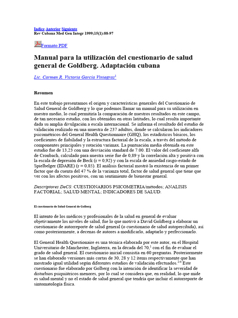 Cuestionario de Goldberg | PDF | Depresión (estado de ánimo) | Ansiedad