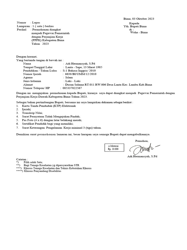 Surat Lamaran Adi Hermansyah, S.PD | PDF