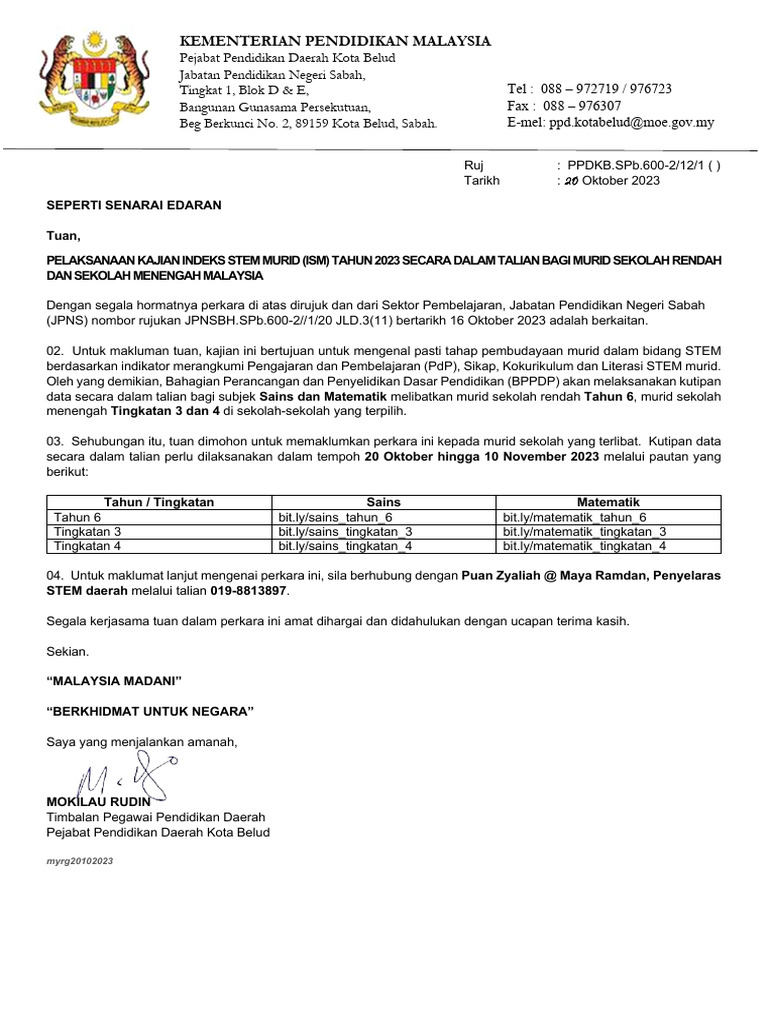 Makluman Kajian Indeks Stem Ke Sekolah | PDF