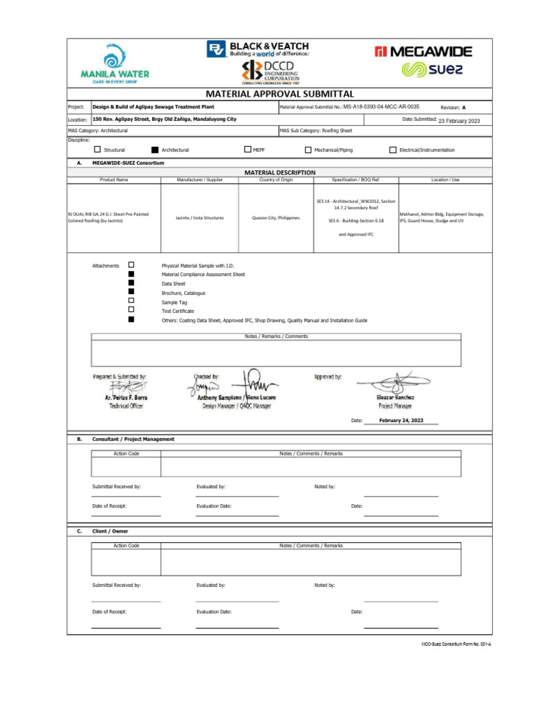 MS-A18-0393-04-MCC-AR-0035-A - Roofing Sheet (Jacinto-Insta) - 2023 02 23 | PDF | Roof | Rivet