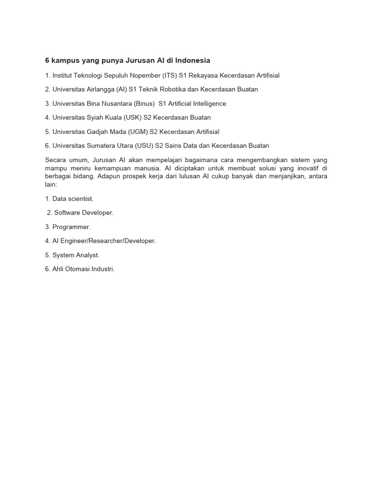 6 Kampus Yang Punya Jurusan Ai Di Indonesia Pdf