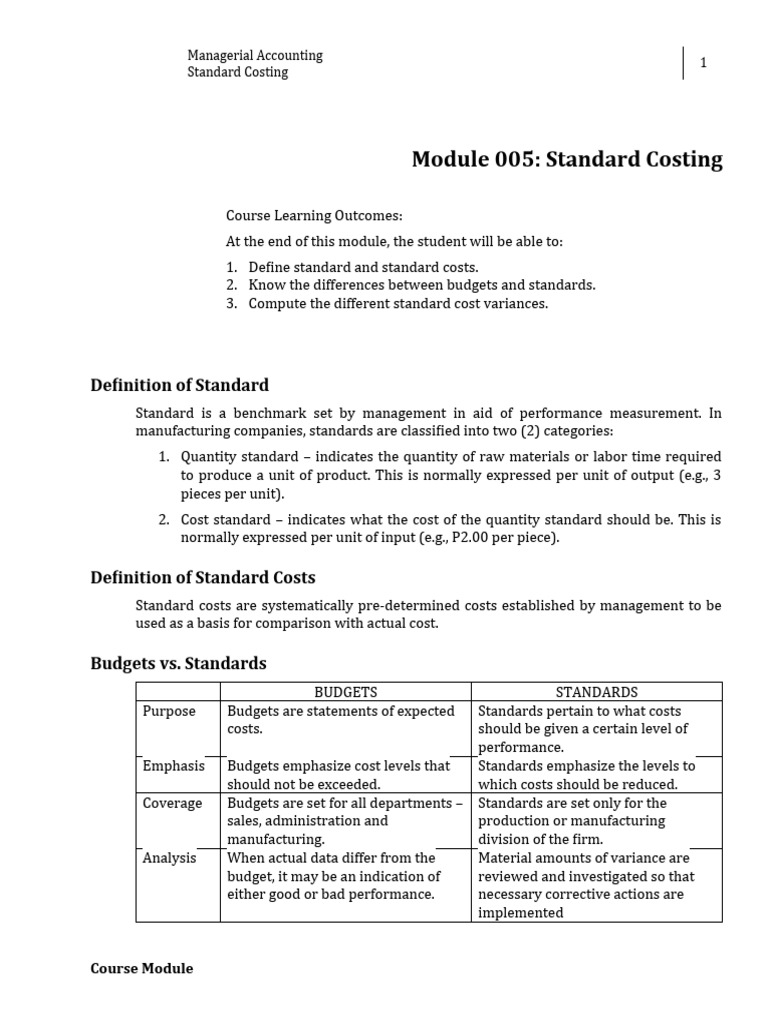 Module 005 Standard Costing | PDF | Cost | Variance