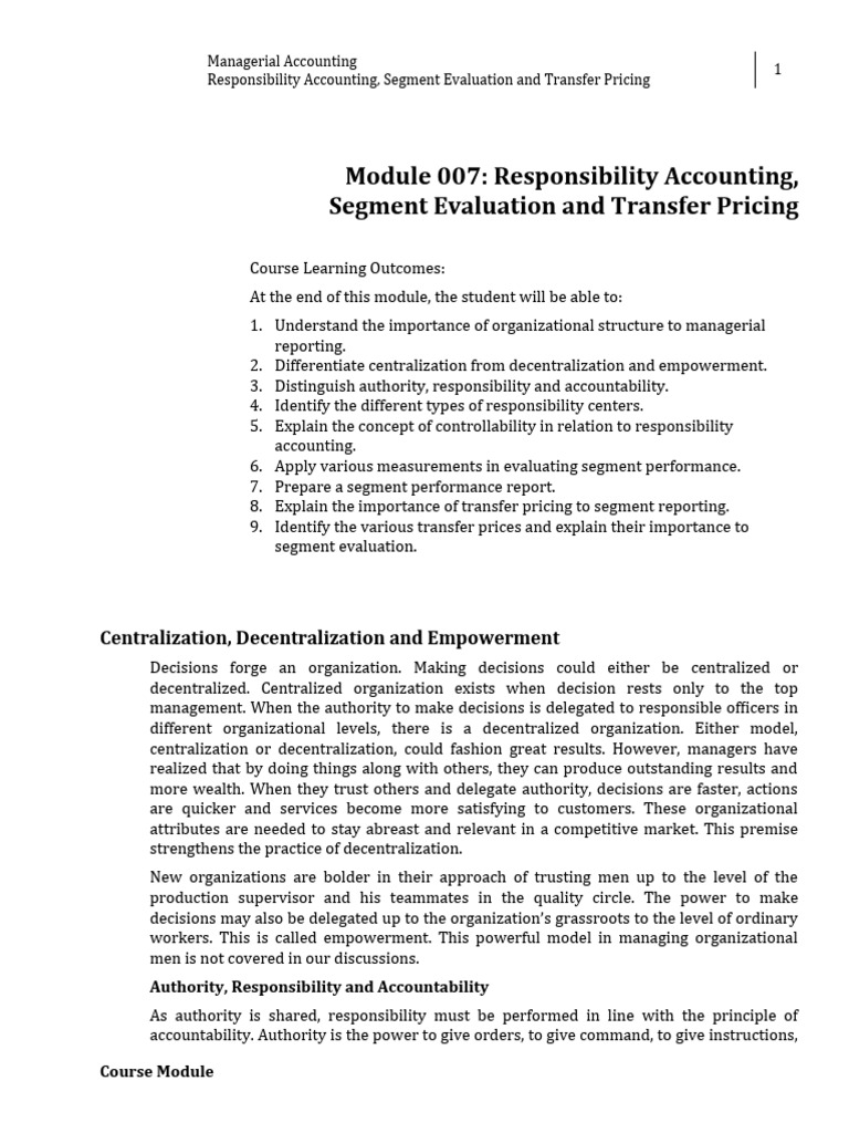 Module 007 Responsibility Accounting, Segment Evaluation and Transfer ...
