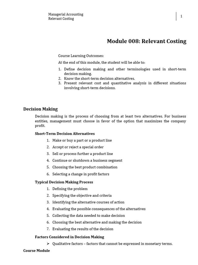 Module 008 Relevant Costing | PDF | Decision Making | Cost