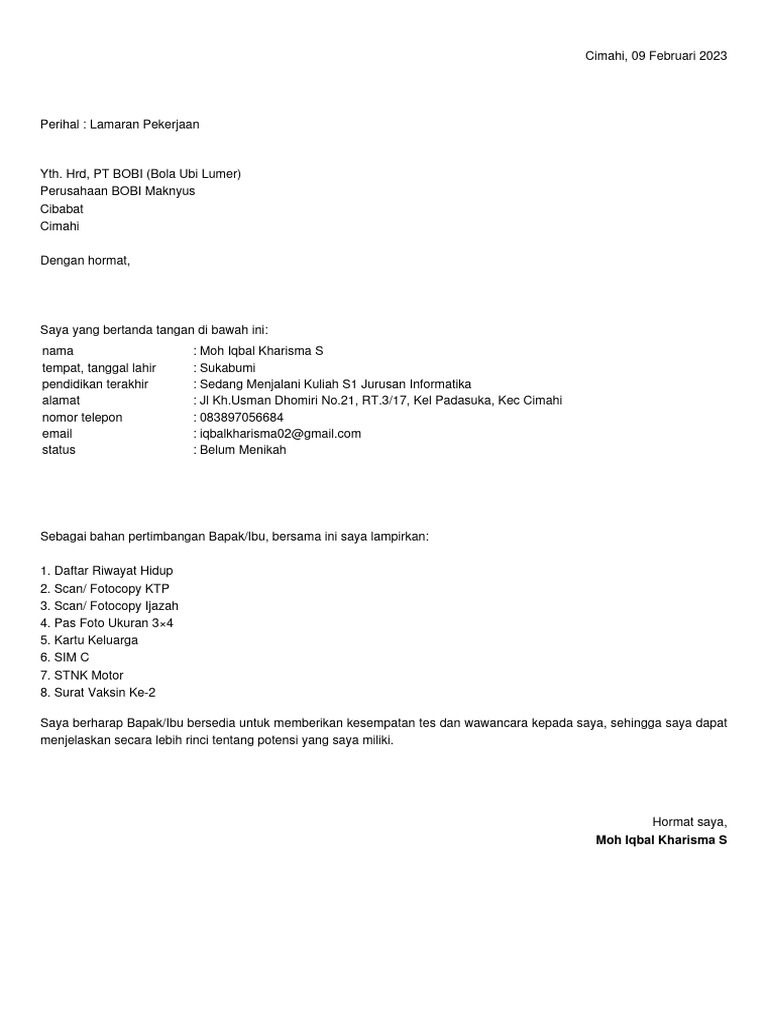 Lamaran Kerja PT BOBI Cimahi | PDF